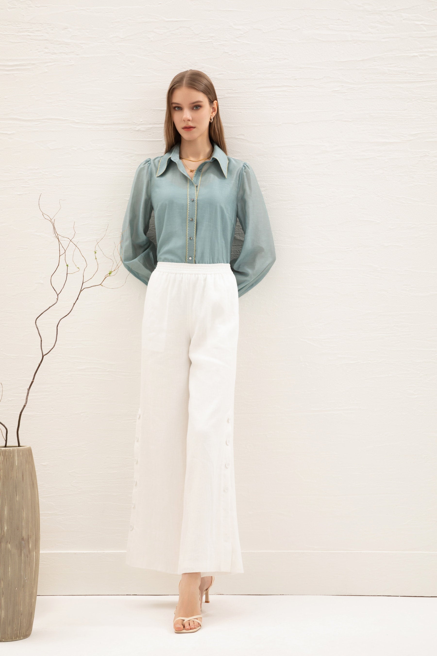 Norma Linen Side Button Pants in White by GDS | Dijo Clothing